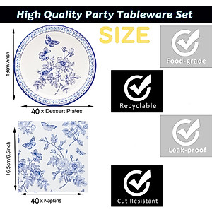 80 Pcs Blue White Flower Party Supplies Blue and White Floral Set 7"Blue White Floral Paper Plates Napkins for Floral Party Theme Bridal Shower Wedding Tea Party Floral Birthday Party Decor |Serves40