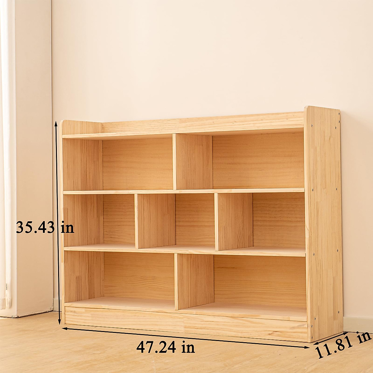 ChubanCraft Wooden 7 Compartment Storage Cabinet Organizer Kids 3 Tier Wood Bookshelf School Storage Shelf Classroom Furniture for Kids Natural (47.24" L x 11.81" W x 35.43" H)