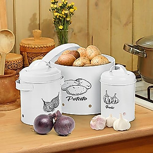 Frcctre Set of 3 Potato and Onion Storage Canisters, Potato, Onion, Garlic Kitchen Storage Bin With Lids, Metal Vegetable Keeper Storage Bins Set with Aerating Holes for Pantry Organization