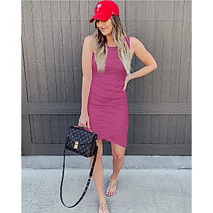 BTFBM Women 2025 Summer Sleeveless Tank Dresses Crew Neck Slim Fit Short Casual Ruched Bodycon Party Club Mini Dress(Purple Red, Small)
