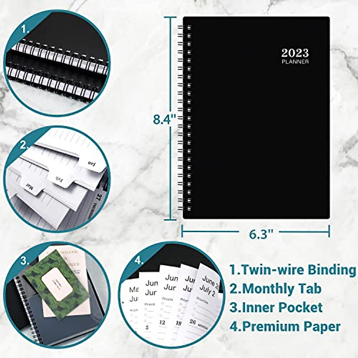 2023 Planner - Weekly and Monthly Planner 2023, 6.3” × 8.4”, Planner 2023 from Jan 2023 to Dec 2023, Inner Pocket, Premium Paper, Twin-wire Binding, Make Your Life Productive