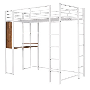 Merax Twin Size Metal Loft Bed with Built-in Desk, 2 MDF Shelves, Full-Length Guardrail and Ladder, Twin Size High Loft Bed, White