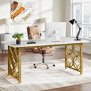 Tribesigns 63-inch Executive Desk, Modern Office Desk with Strong Metal Frame, Large Computer Writing Desk Business Furniture for Home Office (White Marble and Gold)