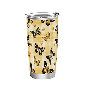 Yellow Spring Butterflies Stainless Steel cup for men Leak-proof Lid and Straw travel mug spill proof for camping modern tumblers with lids 20 OZ