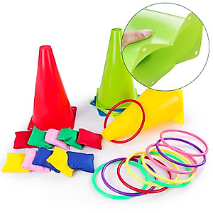 Waenerec 36PCS Carnival Games Combo Set 4 in 1 Bean Bag Toss Can Games Soft Plastic Cone Backyard Ring Toss Game for Indoor Outdoor School Field Day Birthday Party Yard Games for Kids Adults