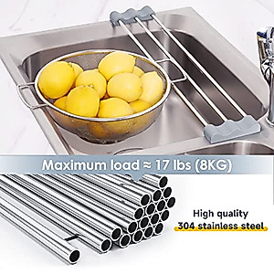 Tomorotec Rack for Sponge Dish Rags Bottles Brushes Kitchen Sink Accessories Over the Sink Adjustable Dishcloth Holder Heat-Resistant Sink Rack Multifunctional Stainless-Steel Silicone Slim Expandable
