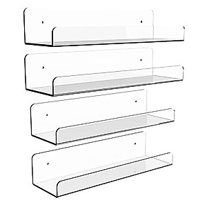 KLGO 4 Pack Clear Acrylic Floating Wall Ledge Shelf for,15" Invisible Wall Mounted Nursery Kids Floating Bookshelf for Kids Room,Modern Funko Pop Display Shelves Toy Storage Wall Shelf