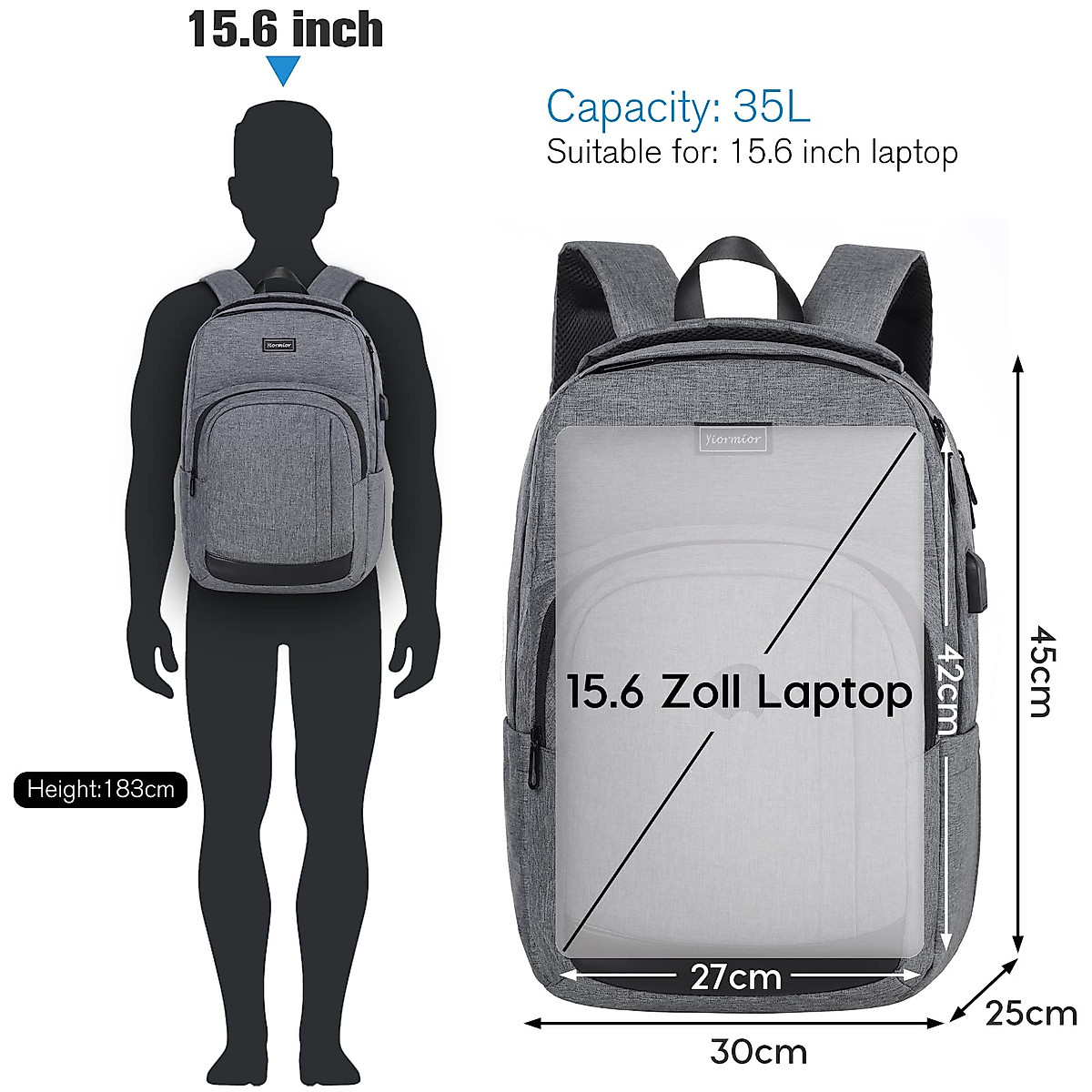 Bookbag School Backpack, Travel Backpack Anti Theft Laptop Backpack with USB Charging Port Water Resistant College Fits 15.6 Inch Notebook Over 3 Years Old