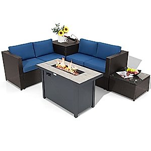 Tangkula 5-Piece Patio Furniture Set with 42 Inches Propane Fire Pit Table, Outdoor Wicker Conversation Set with Cushions, Storage Box and Coffee Table, 60,000 BTU Propane Fire Pit Table (Navy)