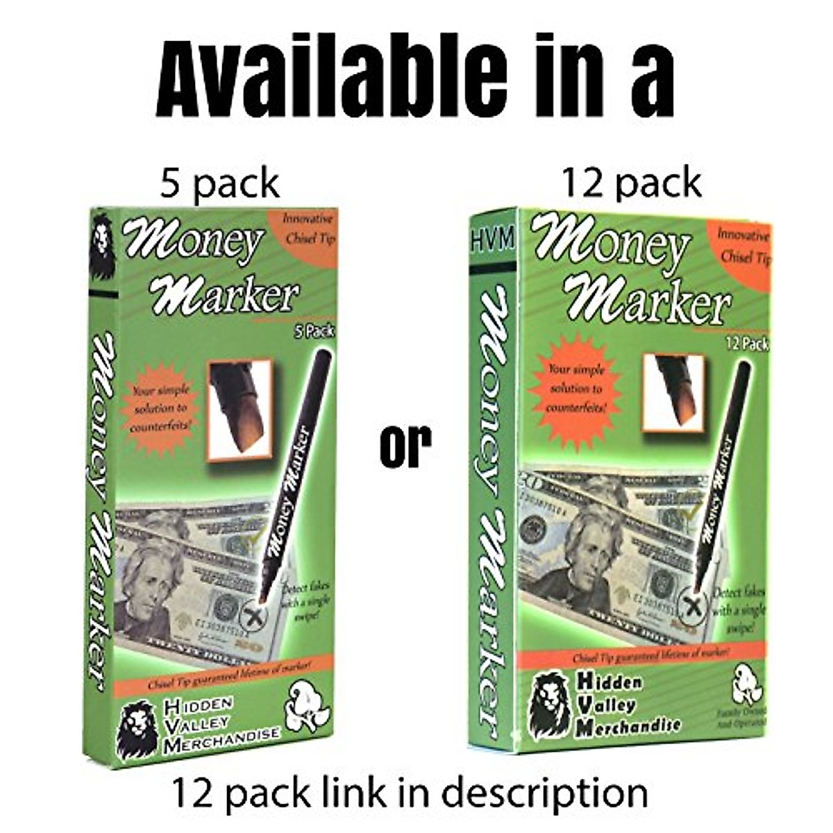 Money Marker (5 Counterfeit Pens) - Counterfeit Bill Detector Pen with Upgraded Chisel Tip - Detect Fake Counterfit Bills, Universal False Currency Pen Detector Pack