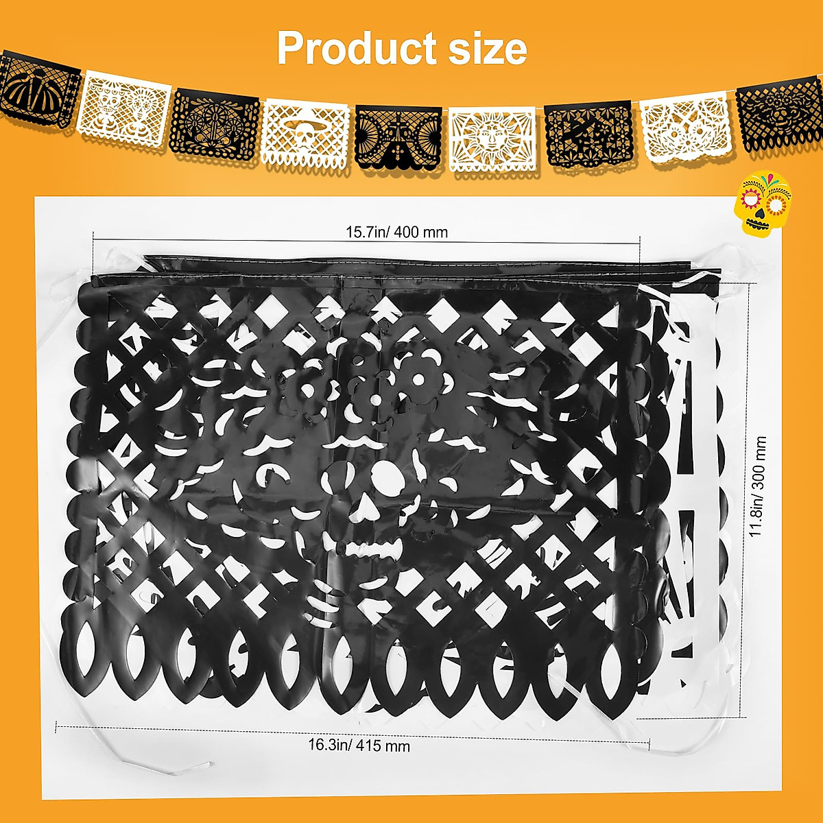 HOWAF 2 Pcs Plastic Papel Picado Day of The Dead Skull Bunting Banner Mexican Fiesta Banners Halloween Dia De Los Muertos Black White Skull Bunting Banner for Cinco De Mayo Decorations
