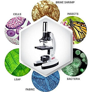 AmScope 120X-1200X 52-pcs Beginner Microscope STEM Kit with Metal Body Microscope, Plastic Slides, LED Light and Carrying Box (M30-ABS-KT2-W),White