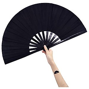 Amajiji Large Folding Hand Rave Fan for Women/Men, Chinease/Japanese Bamboo and Nylon-Cloth Folding Hand Fan for Performance, Festival, Events, Gift, Craft, Dance, Decorations (Black)