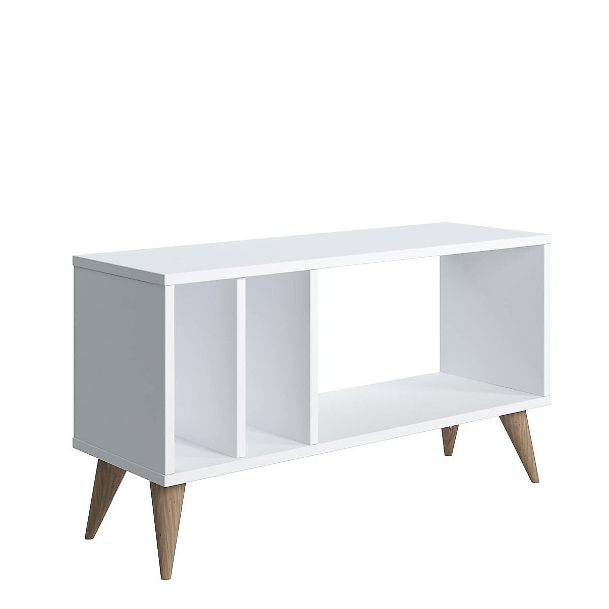 Ruumstore Norm TV Stand 35'', with 3 Open Shelves, TV Stand for Media, Natural Wooden Legs, Opaque White