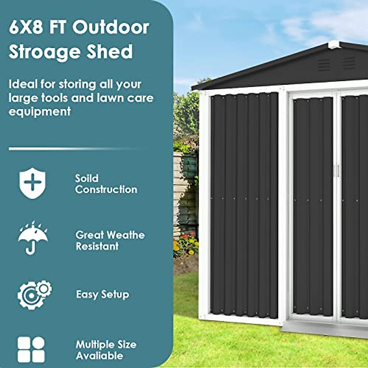 Crownland Outdoor Vented Backyard Garden Storage Shed 6 x 8 Feet Tool House with Sliding Door Outdoor Lawn Steel Roof Sheds (Gray)