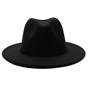 TUPWEL Women's Black Elegant Wide Brim Fedora Flat Panama Hat Cap