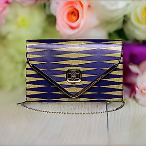 Lizkela Ashanti Leather Clutch: Elegant Embellishments, Secure Turn Lock, Versatile Interior, Chain Strap - Perfect for Any Occasion Ashanti Yellow/Blue