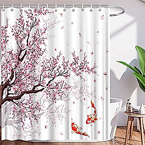 4 Pcs Cherry Blossom Shower Curtain Sets,Pink Floral Plum Blossom Blooming Spring Asian Japanese 70&quot;x 70&quot; Bathroom Curtain with 12 Hooks,29.5&quot;x 17.8&quot; Bath Mat,Toilet Seat Cover, U-Shaped Toilet