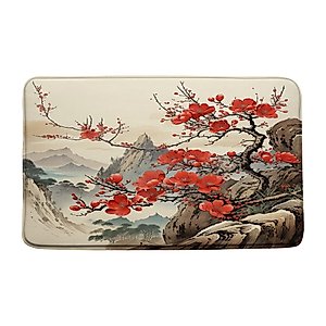 BNYARH Japanese Bath Mat Red Floral Plum Blossom Cherry Blossom Asian Traditional Vintage Landscape Painting Art Microfiber Memory Foam Bathroom Decor Mat 17.7X29.5 Inch