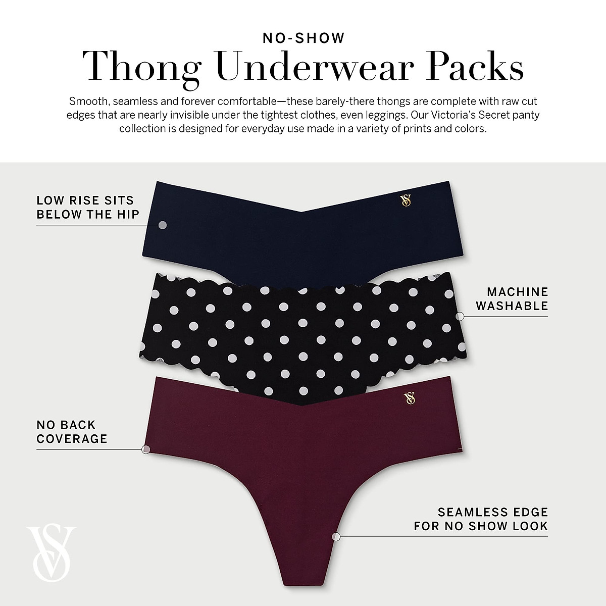 Victoria's Secret Women's No Show Thong Underwear, Panties for Women, Multi Pack, Neutral Multi Color (M)