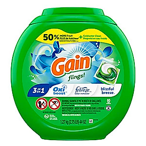 Gain flings! Laundry Detergent Soap Pacs HE Compatible 60 Count Long Lasting Scent Blissful Breeze Scent