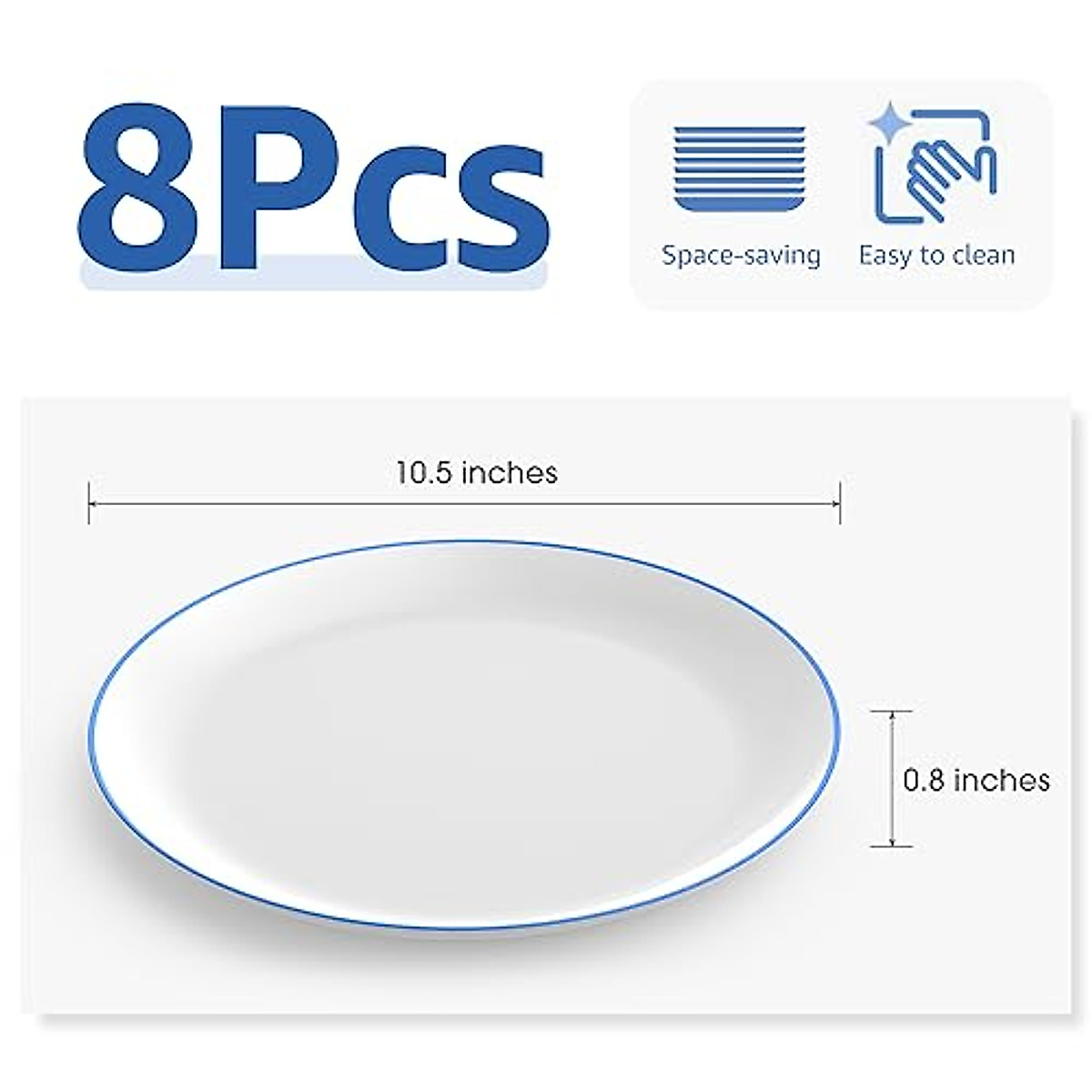 HomeElves Dinner Plates Set of 8, 10.5 inch Opal Glass Plate Set, Lightweight Kitchen White Plates, Break and Chip Resistant, Safety for Microwave & Dishwasher,Blue Rim