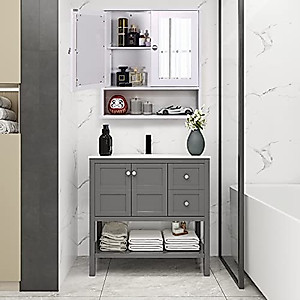 Bathroom Cabinet with 2 Mirror Doors Wall Mounted Medicine Cabinets Bathroom Shelves Over Toilet Adjustable Shelf for Laundry Room Kitchen Living Room with Open Shelf White Dresser with Mirror