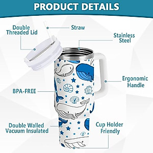 DIGTIA Stainless Steel Insulated Tumbler w/Handle & Straw, Blue White Whales Double Wall Vacuum Travel Coffee Mug Cup w/Lid, Leak-Proof Sports Ocean Water Bottle,30oz