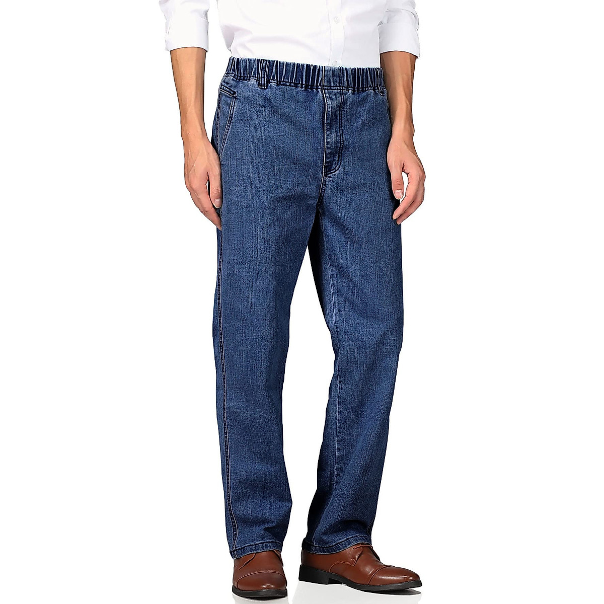 Soojun Mens Casual Loose Fit Elastic Waist Denim Pants, Indigo, 36W x 30L