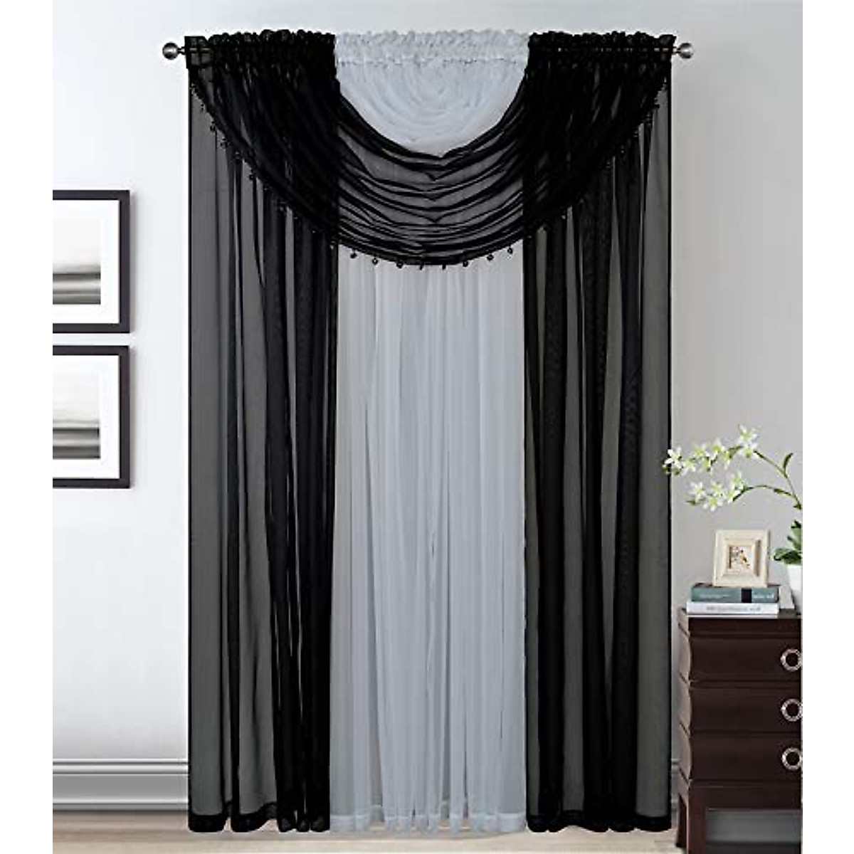 Elegant Home Complete Multicolor Window Sheer Curtain All-in-One Set with 4 Panels and 2 Valances with with Crystal Beads for Living Room, Dining Room, Or Any Other Windows- Laura (Black / White)