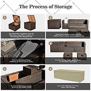 Tangkula 9 Pieces Patio Furniture Set with 50,000 BTU Propane Fire Pit Table, Outdoor Wicker Space-Saving Sectional Sofa Set with Storage Box, 32” Square Gas Fire Pit (Black)