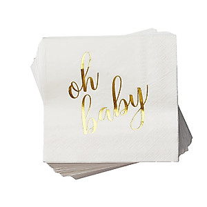 100 Pcs "Oh Baby" White Napkins - 3-Ply White and Gold Cocktail Napkins Baby Shower Party Supplies - Eco-friendly Party Napkins for Dessert Beverage & Table Decorations