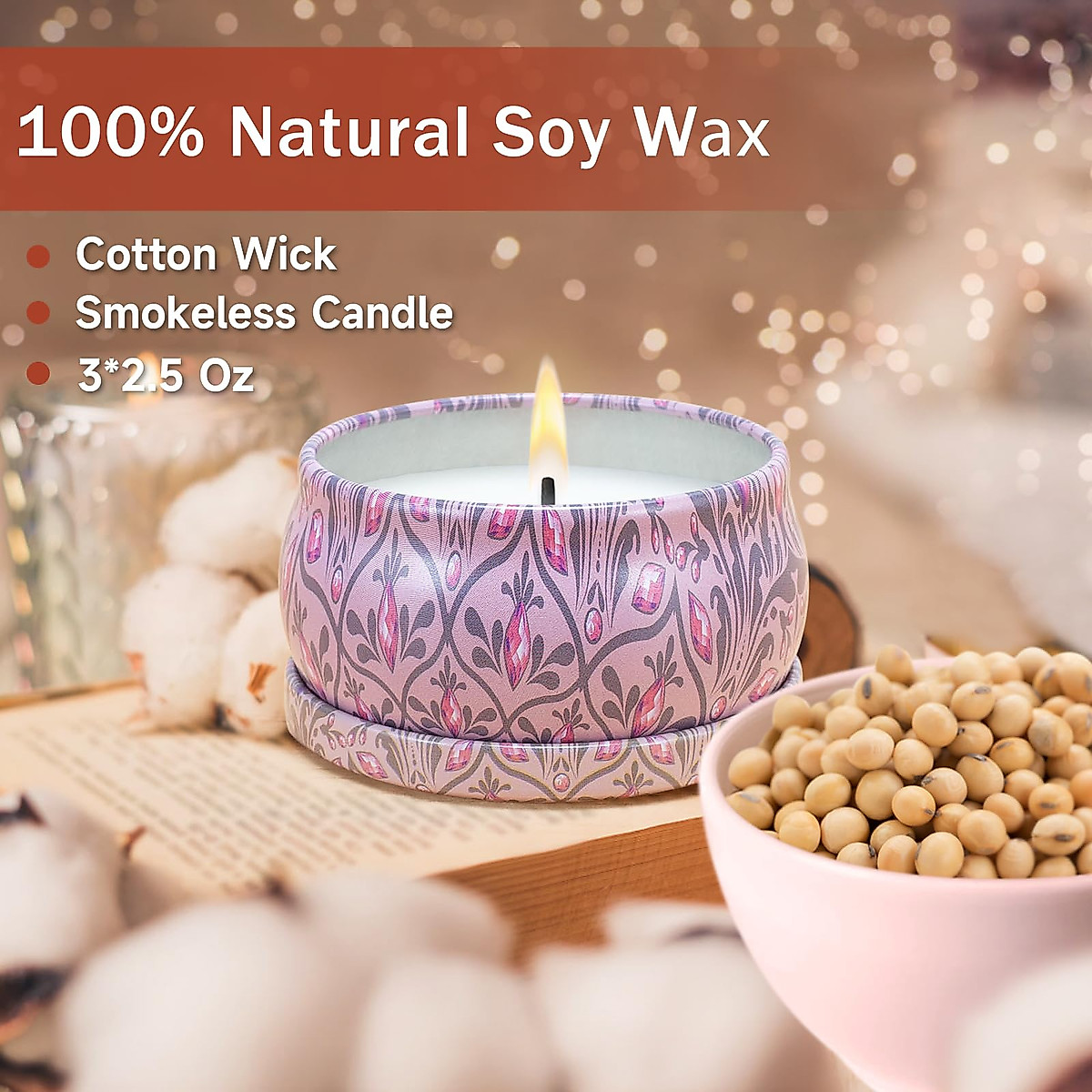 Candles Gifts for Women 3 Pack 2.5 oz Natural Floral Lavender Cherry and Rose Candles Set, Aromatherapy Candles for Home Scented, Portable Small Jar Candles Set for Travel, Spa, Bath, Yoga