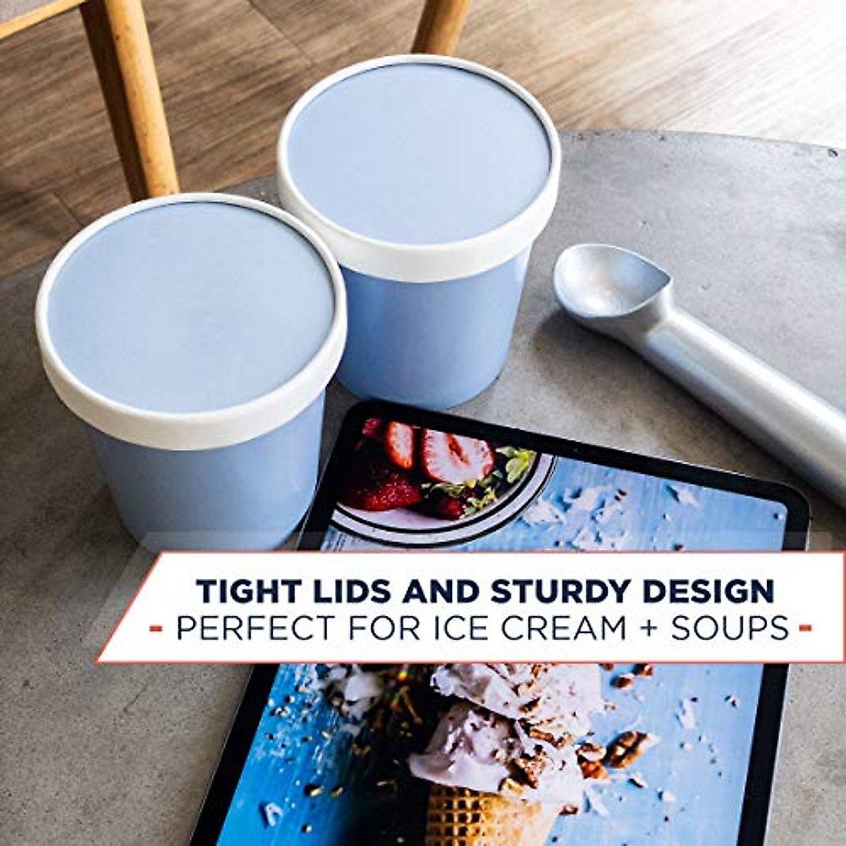 Glowcoast Ice Cream Containers With Lids - 16 oz Pint Disposable Ice Cream Storage Container for Homemade Icecream. Freezer-Safe Paper Tub with Lid Protect Frozen Desserts like Yoghurt (Blue, 25)