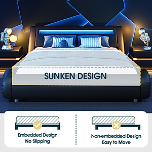 WEEWAY Modern Queen Bed Frame with RGBW LED Lights Headboard, Low Profile Upholstered Platform Sleigh Design, Strong Wood Slats Support, No Box Spring Needed, Black