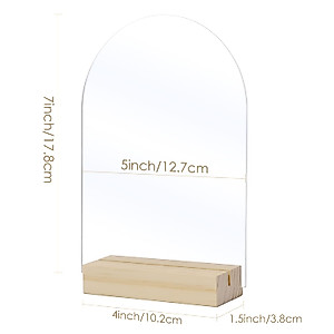 JINMURY Clear Arch Acrylic Sign with Wood Stand-10 Pack 5x7 Inch Blank Arched Acrylic Sheets with Wood Base, DIY Acrylic Arch Sign Blank for Wedding Table Numbers Menu Signs Bar List Sign