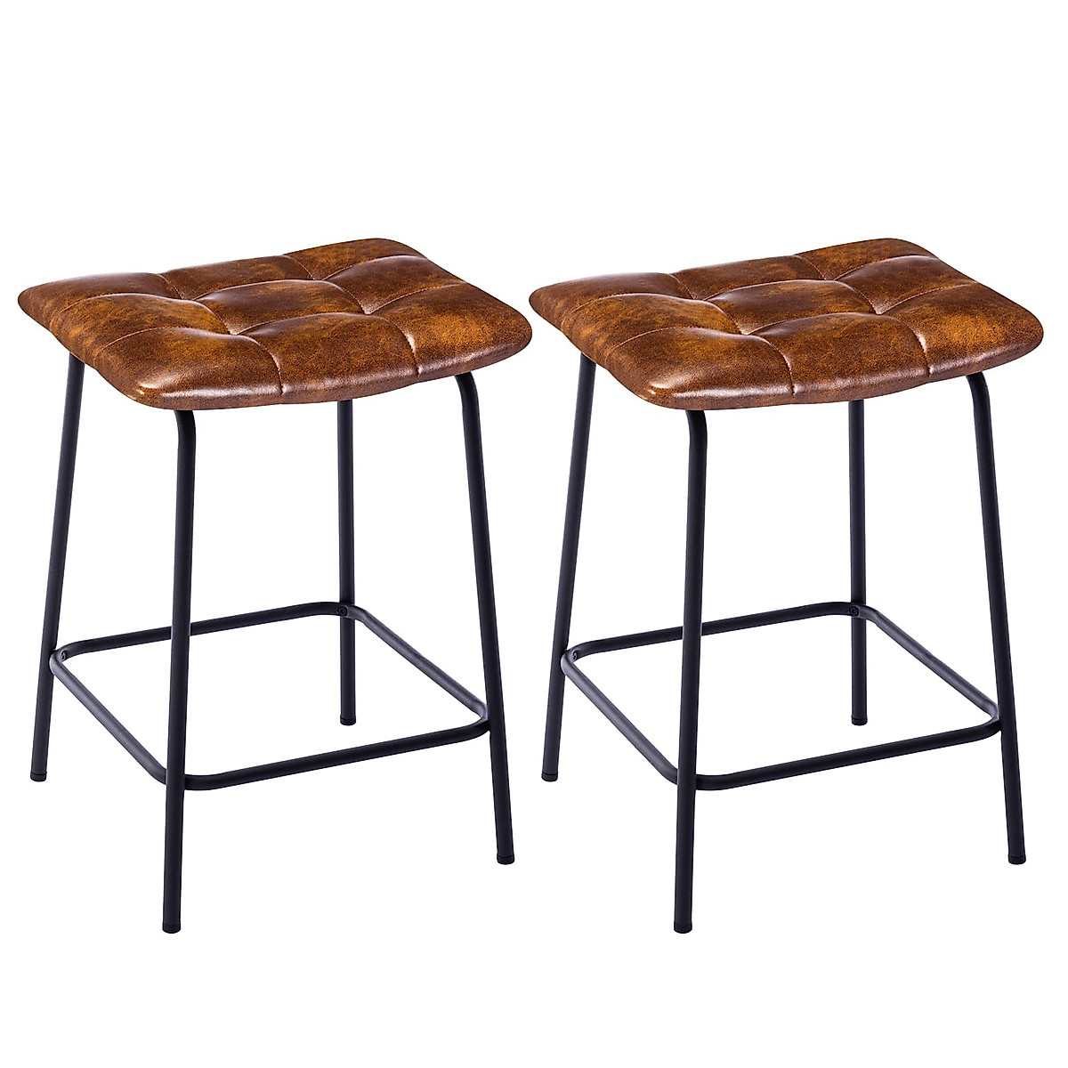 DUHOME 24” Square Tufted Counter Bar Stools Set of 2, Breathable Faux Leather Upholstered Barstool with Footrest, Backless Stool for Kitchen Counter Island Bar, YellowishBrown