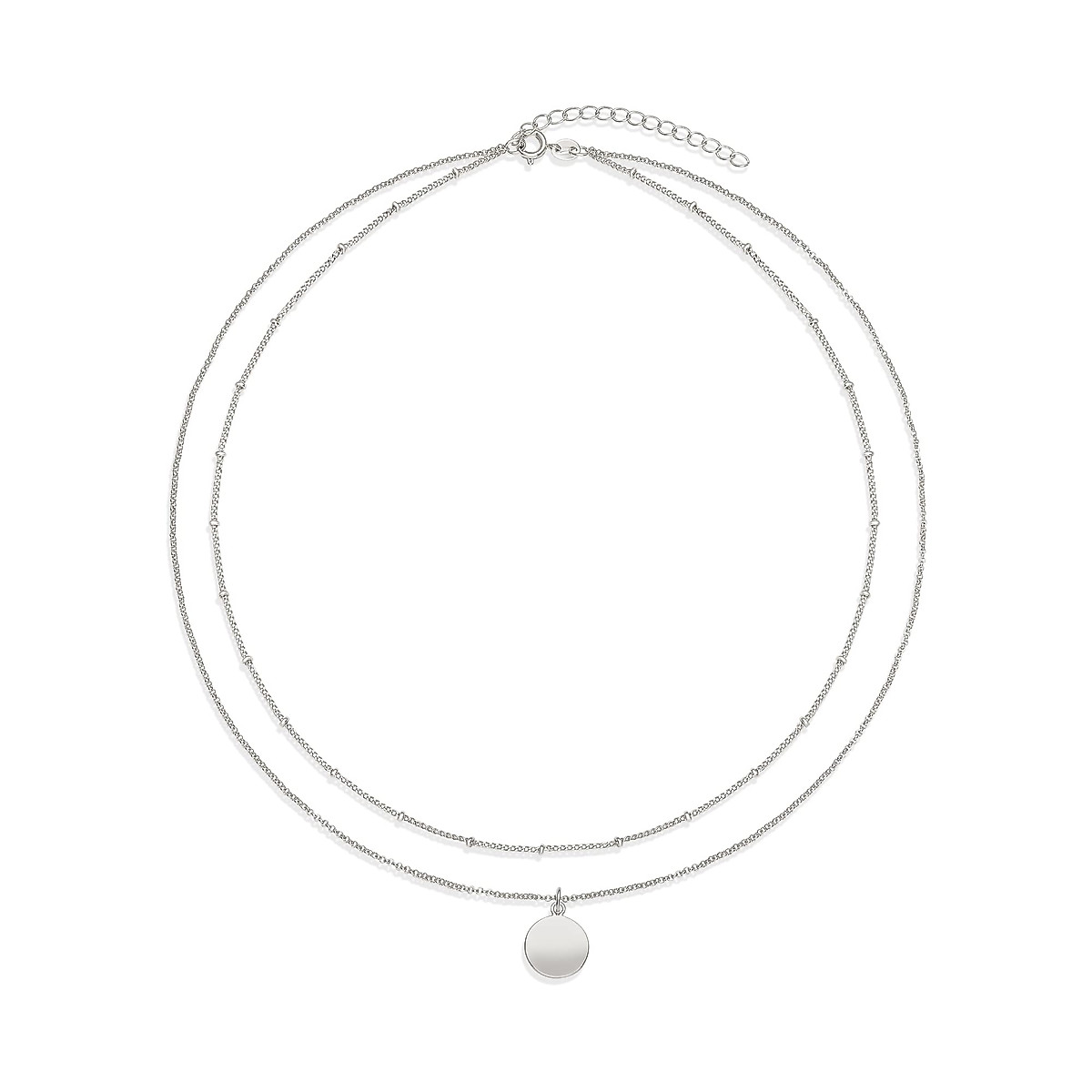 Amazon Essentials Sterling Silver Plated Polished Disc and Beaded Chain 2 Row Layer Necklace, Sterling Silver