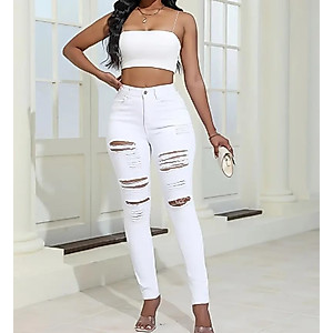 DLAYBGFA Ripped Skinny Jeans for Women High Waisted Stretch Slim Fit Distressed Butt Lifting Denim Jeans Pants(White,XXL)