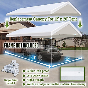 YardGrow 12 x 20 Feet Replacement Top Canopy Roof Cover for Carport Garage Shelter with Bungees, Frame Not Included (White)