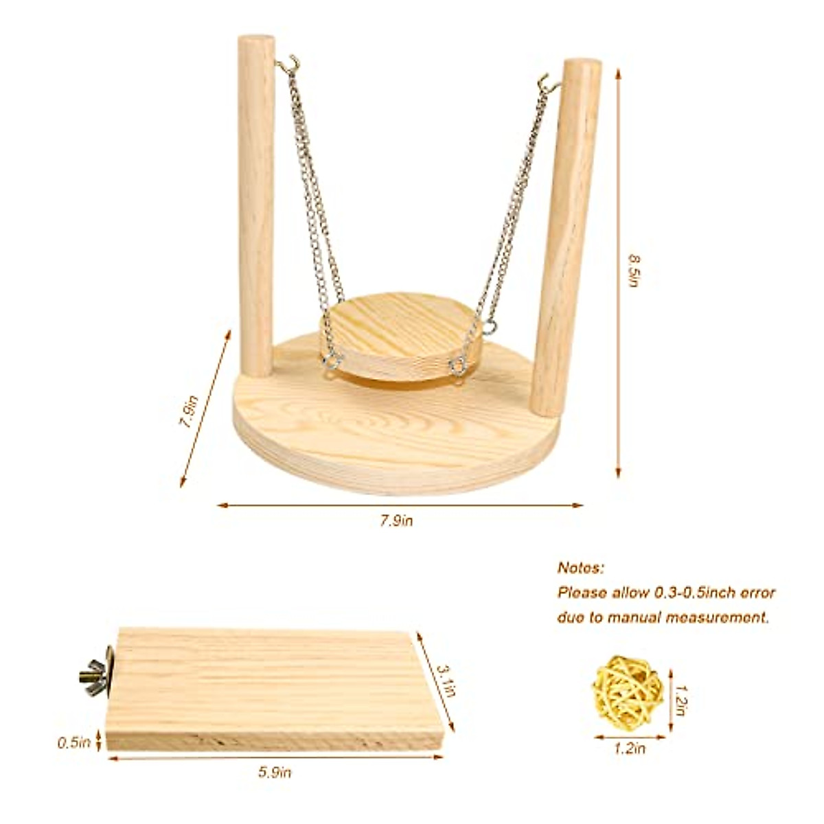 3 Pcs Hamster Enrichment Toy, Natural Wooden Hamster Swing with Base Durable Chinchilla Ledge Increase Activity Rodent Playground for Dwarf Hamster Gerbil Budgie Finch
