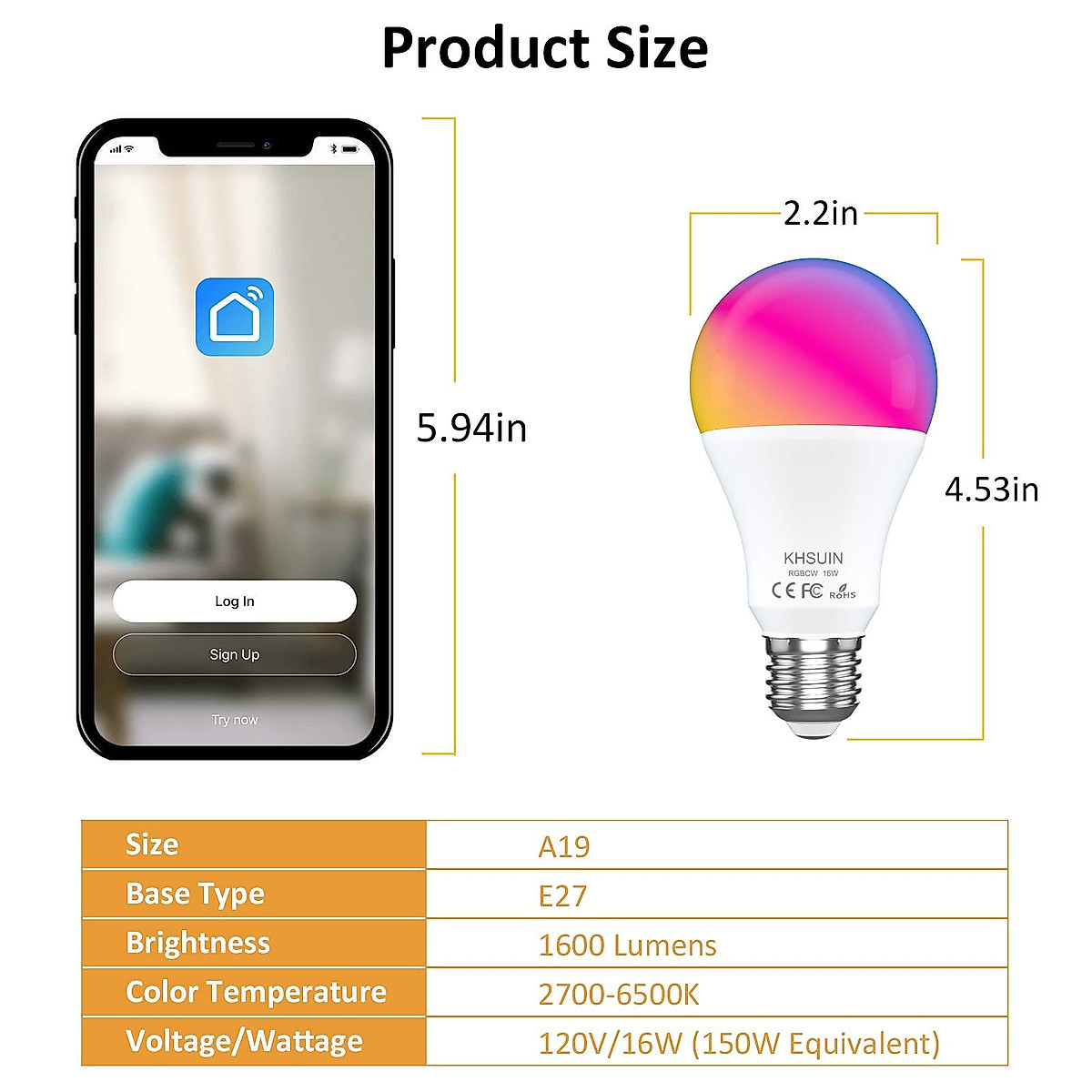 KHSUIN WiFi Smart Light Bulbs,16W 150W Equivalent 1600Lumen Ultra Bright E26 A19 Smart Bulb Work with Alexa,Google No Hub Required,Dimmable Led Full Color Changing Alexa Light Bulb,2 Pack
