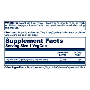 Solaray Selenium 100 mcg, Healthy Immune System, Thyroid Function and Antioxidant Support, Vegan, Lab Verified, 60-Day Guaranteed, 100 Servings, 100 VegCaps
