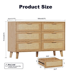 XDliv Rattan Dresser, 6-Drawer Dresser for Bedroom, Double Dresser Rattan Storage Chest Unit Walnut