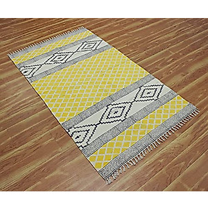 Casavani Hand Made Cotton Dhurrie Geometric Yellow & Black Tassel Rug Easy Care Washable Rugs for Doormat Entryway Living Room Bedroom Hallway Balcony 8x10 Feet