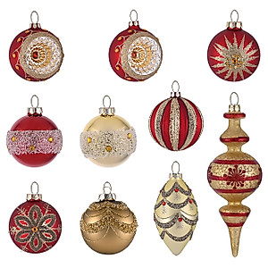 Valery Madelyn Glass Christmas Ornaments Set,10ct Red and Gold Hanging Ornaments for Christmas Trees, Mercury Luxury Xmas Decorations Ball Ornaments Bulk for Holiday Decor