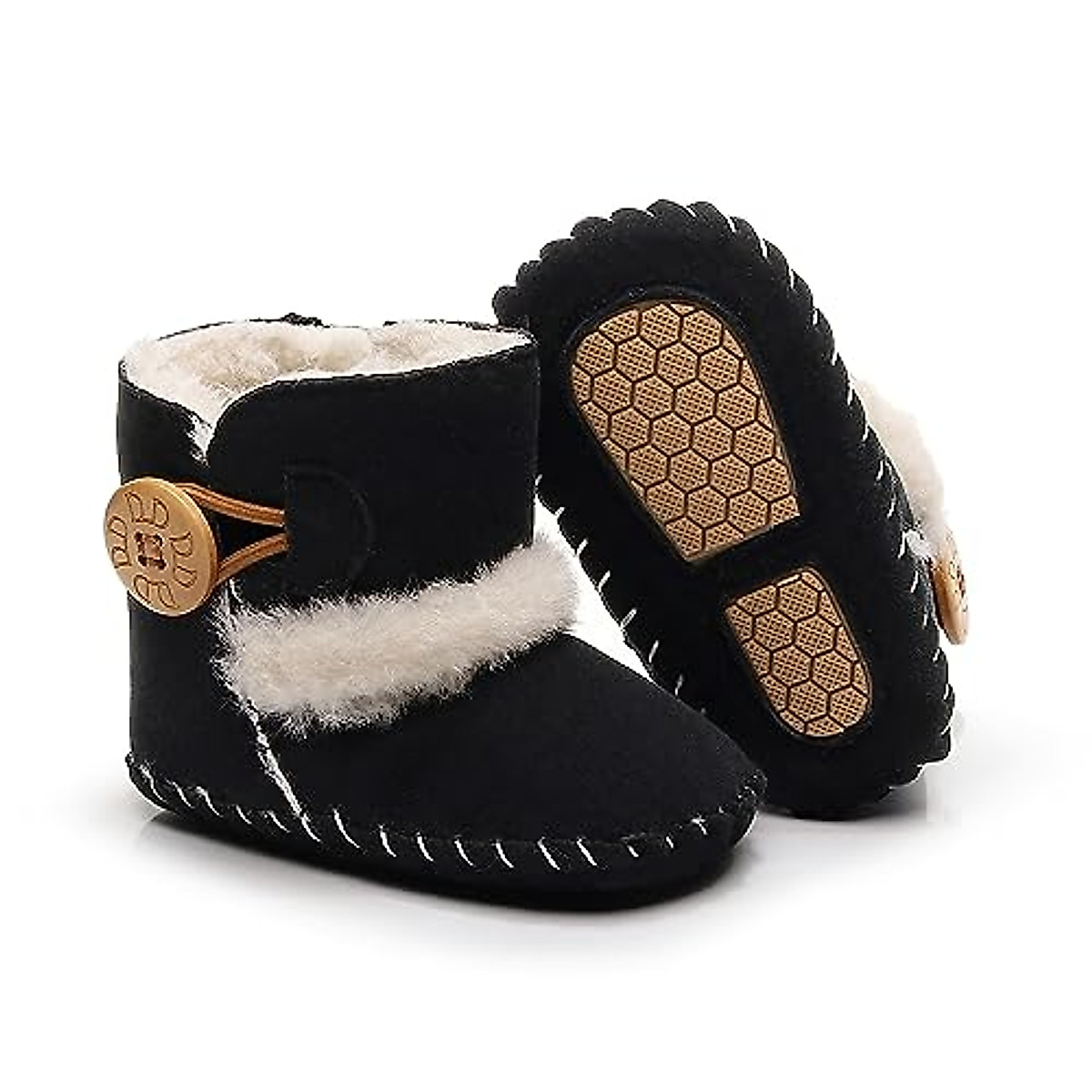 HONGTEYA Baby Snow Boots with Fleece Fur Inner, Baby Girl Booties with Anti Slip Rubber Hard Sole, Toddler Boots Shoes for Boys Girls 0-24 months Warm Winter Infant Newborn Crib Baby Shoes