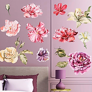 Amaonm Removable 3D Beautiful Pink Red Peony Flower with Green Plants Leaf Wall Decal Wall Stickers DIY Peel and Stick Art Decor for Kids Girls Bedroom Living Room Nursery Decoration (C)