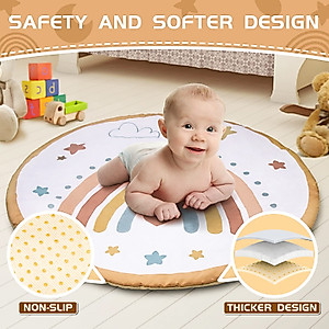 IPOZITO Baby Gym and Infant Play Mat, Stage-Based Sensory and Motor Skill Development Language Discovery Activity Play Gym, Thicker Non-Slip Design Tummy Time Activity Mat with 5 Toys Washable