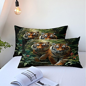 Ydtwnyq Tiger Bedding Set King, Dark Green Comforter Set, Tropical Plants Wildlife Animal Tiger Comforter Set Quilt Cover with 2 Pillowcases for Kids Teens Adults